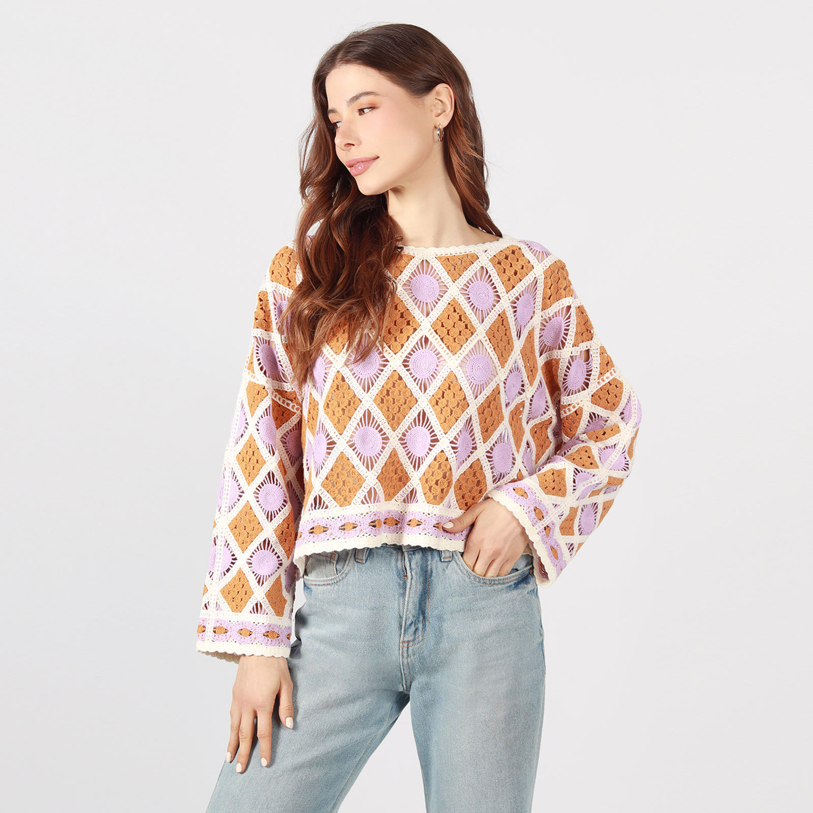 Sweter para mujer - JERSEY CORTO DE CUELLO REDONDO CON LAZADA Y MANGA ...