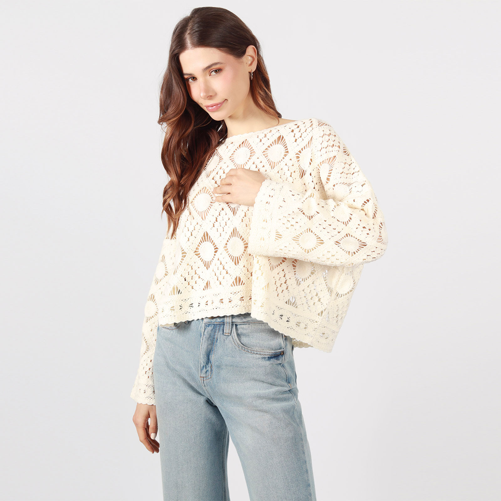 Sweter para mujer - JERSEY CORTO DE CUELLO REDONDO CON LAZADA Y MANGA ...