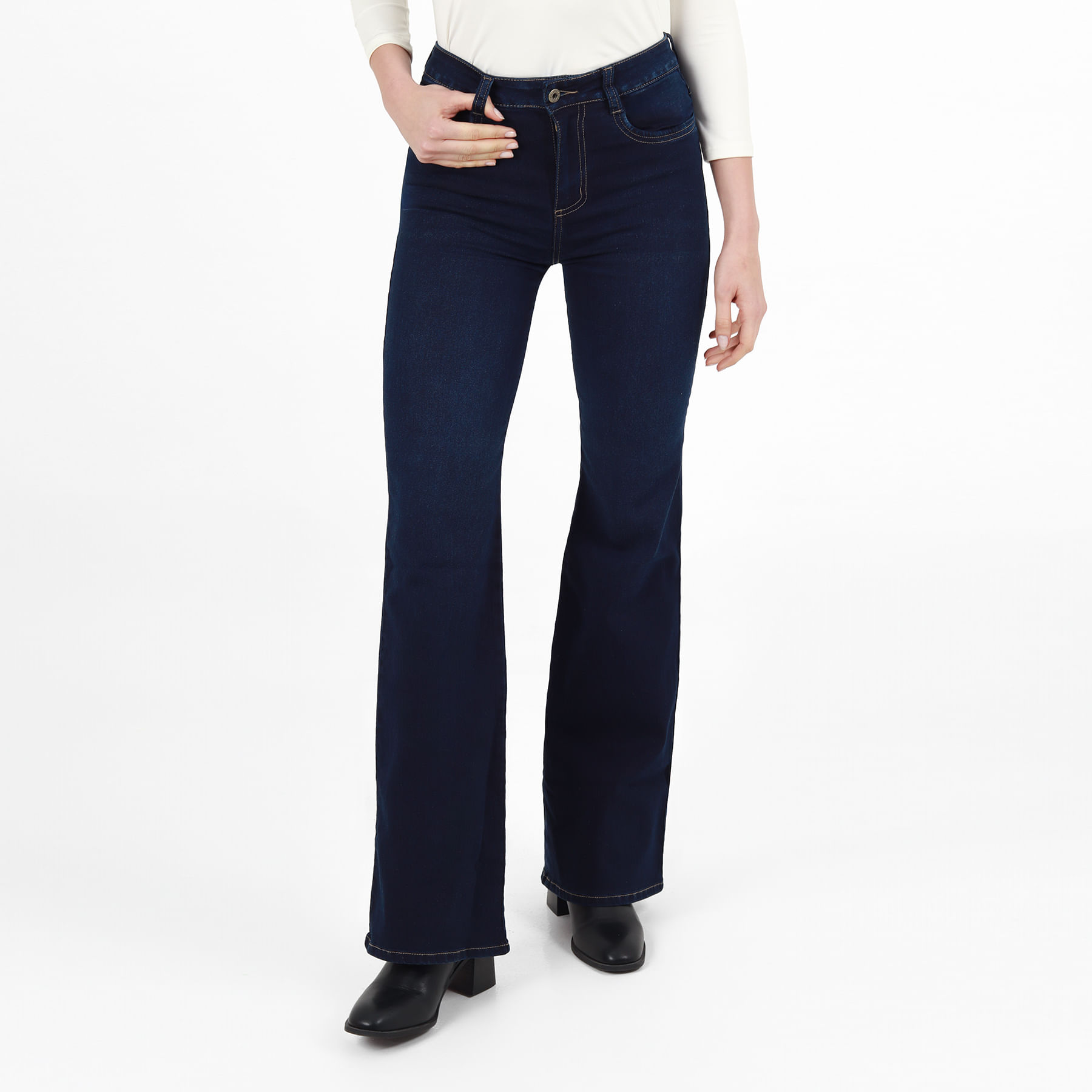 Jean flare azul oscuro tiro medio para mujer